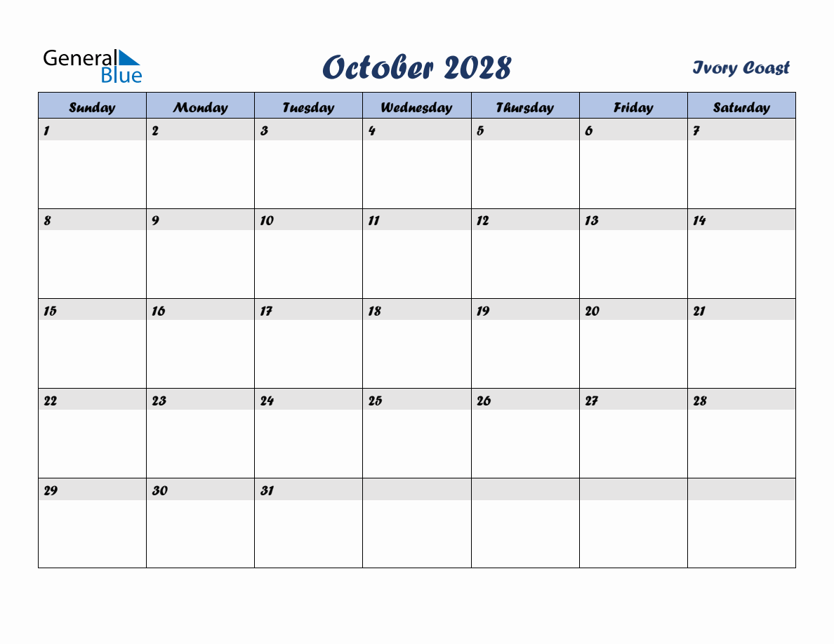 October 2028 Monthly Calendar Template with Holidays for Ivory Coast