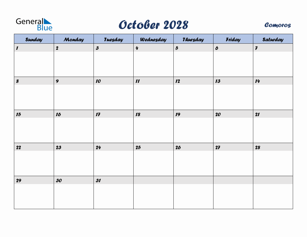 October 2028 Monthly Calendar Template with Holidays for Comoros