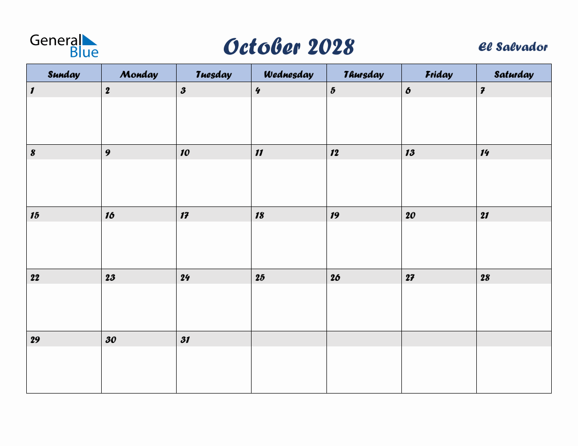 October 2028 Monthly Calendar Template with Holidays for El Salvador
