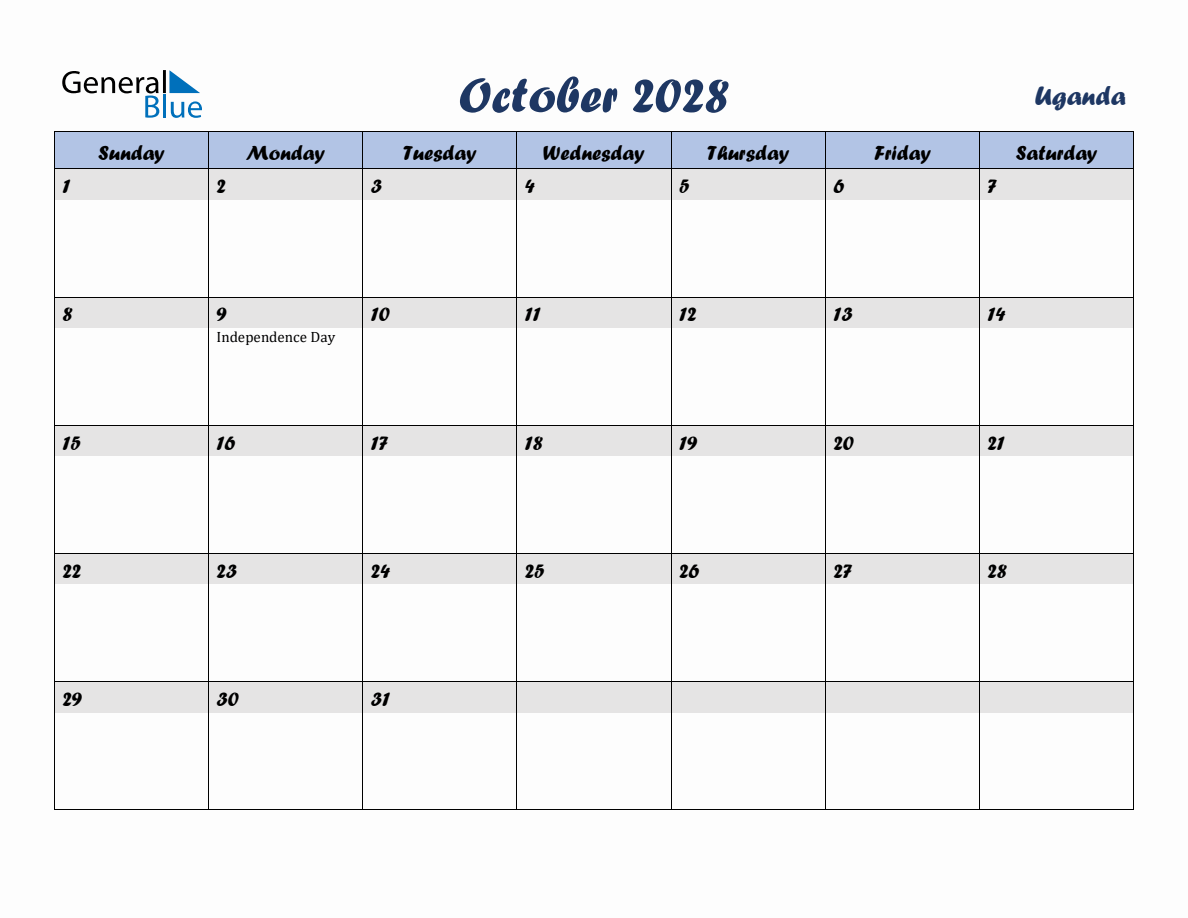 October 2028 Monthly Calendar Template with Holidays for Uganda