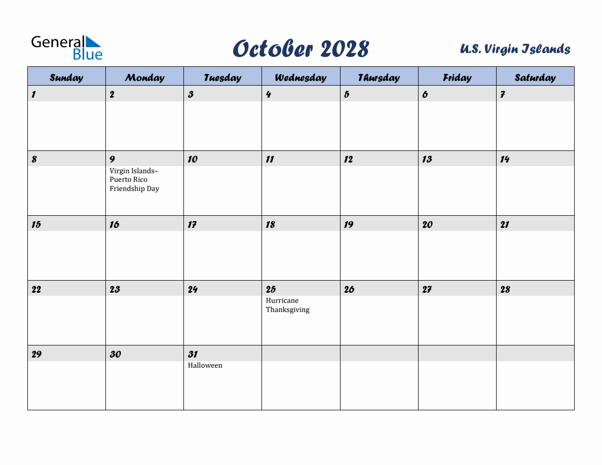 October 2028 Monthly Calendar Template with Holidays for U.S. Virgin ...