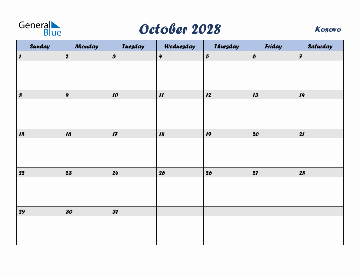 October 2028 Monthly Calendar Template with Holidays for Kosovo
