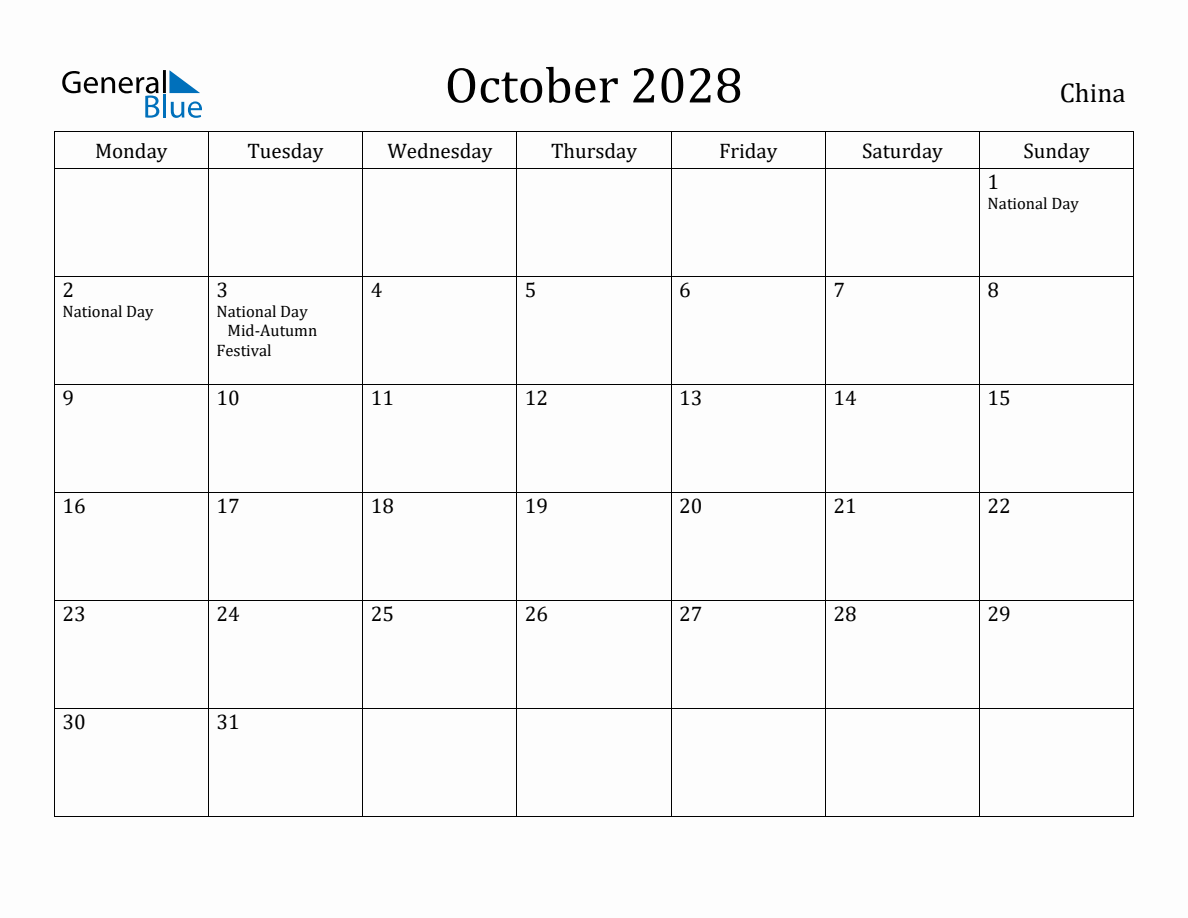 October 2028 - China Monthly Calendar with Holidays