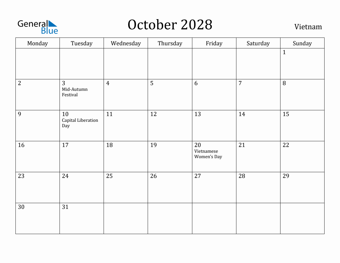 October 2028 - Vietnam Monthly Calendar with Holidays