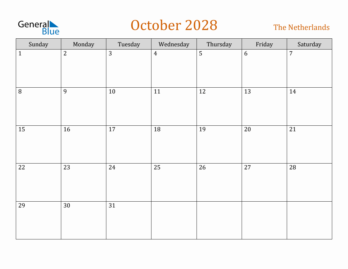 Free October 2028 The Netherlands Calendar