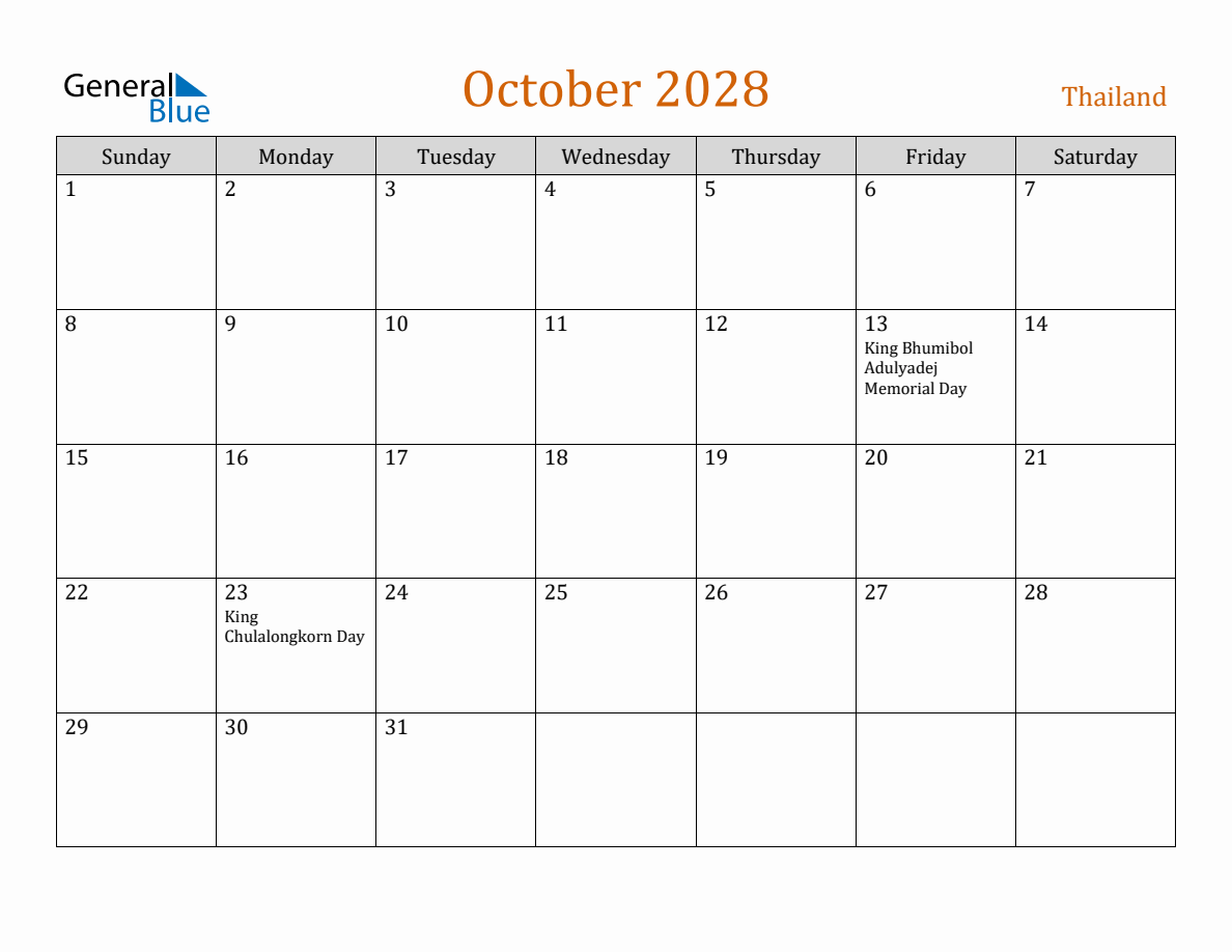 Free October 2028 Thailand Calendar