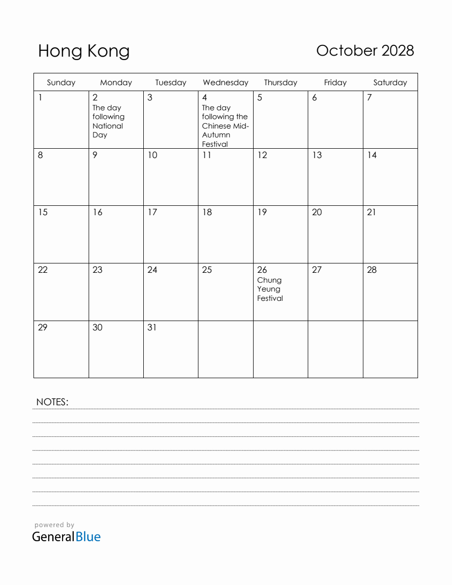 October 2028 Hong Kong Calendar with Holidays