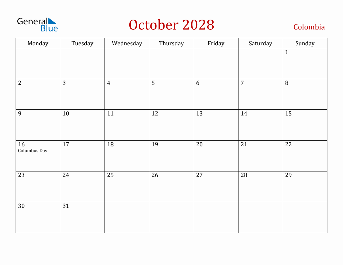 October 2028 Colombia Monthly Calendar with Holidays (Monday Start)