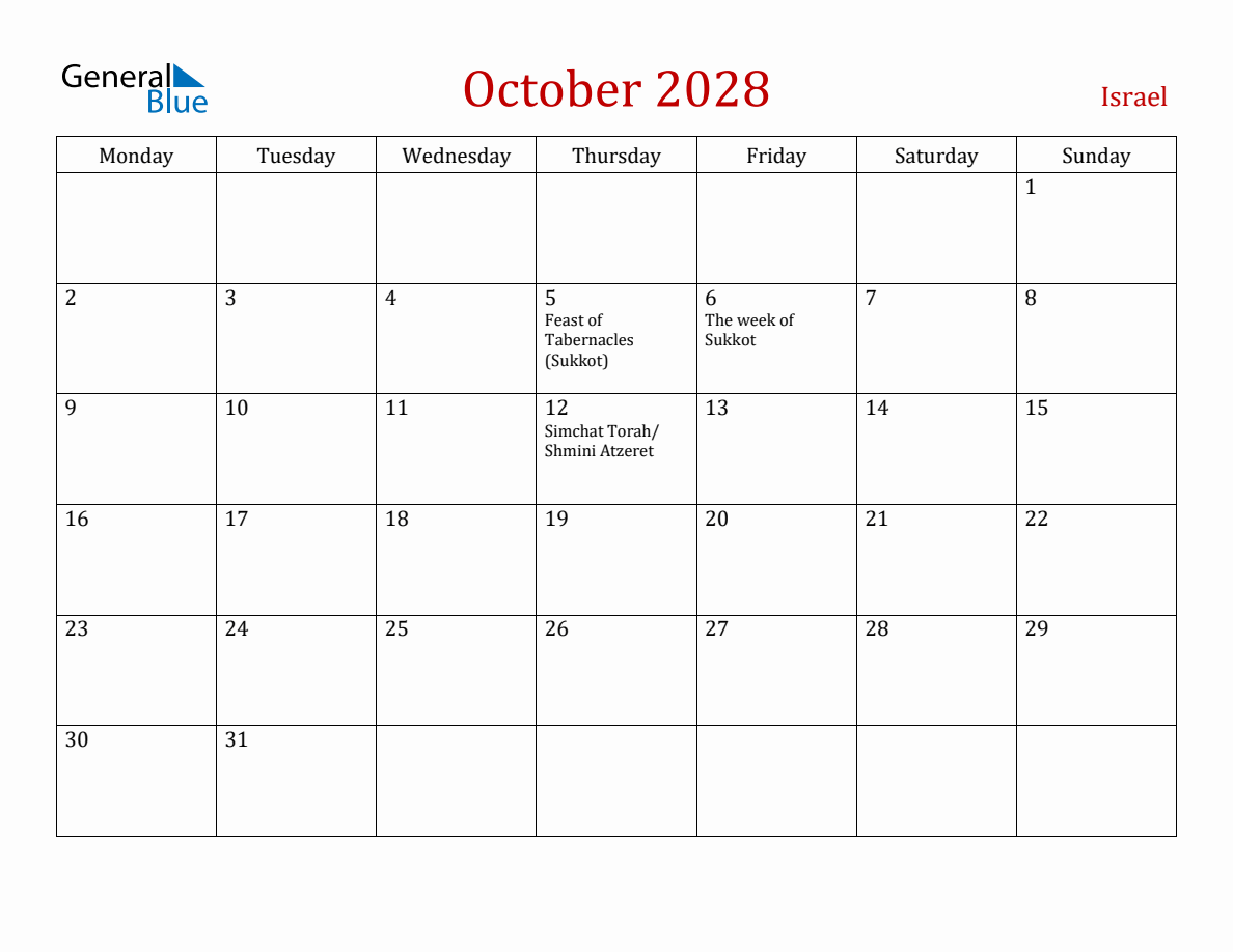 October 2028 Israel Monthly Calendar with Holidays (Monday Start)