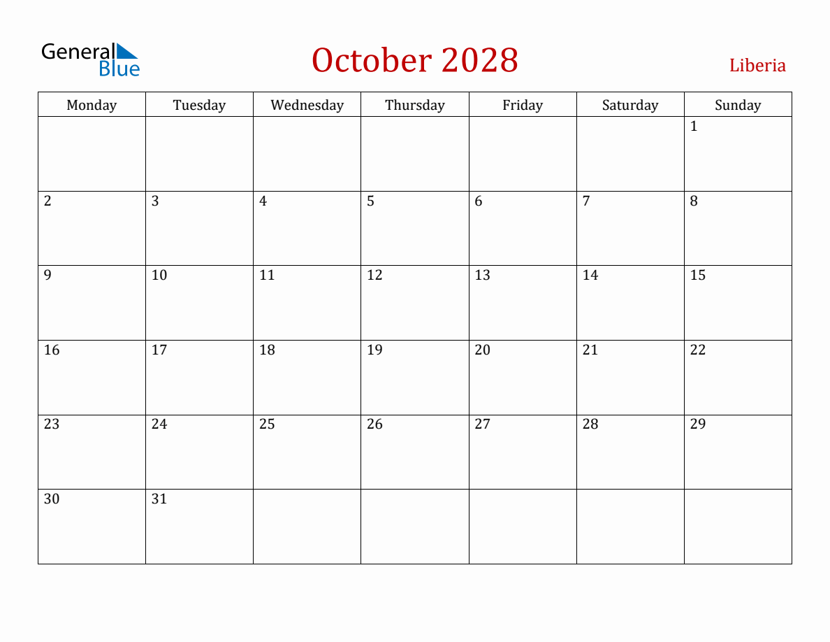 October 2028 Liberia Monthly Calendar with Holidays (Monday Start)