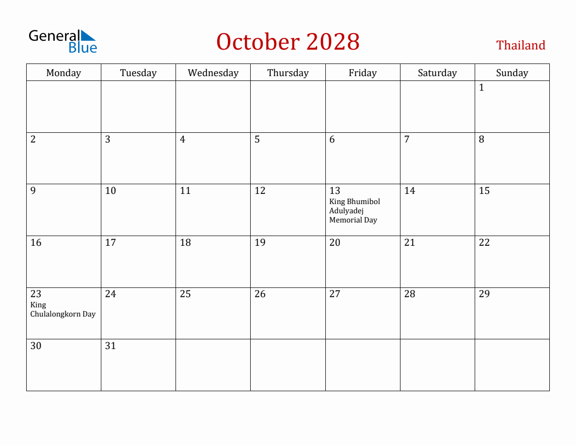 October 2028 Thailand Monthly Calendar with Holidays (Monday Start)