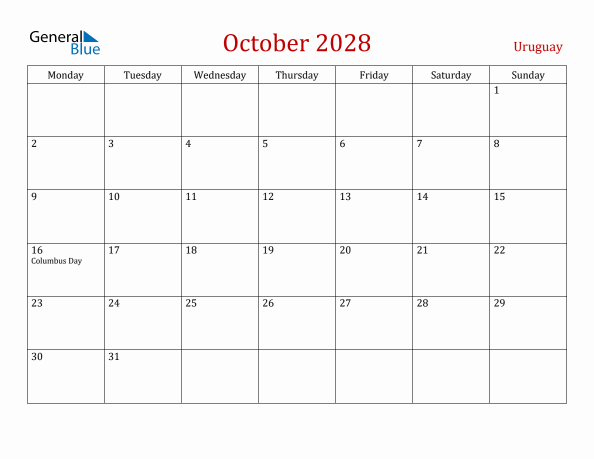 October 2028 Uruguay Monthly Calendar with Holidays (Monday Start)