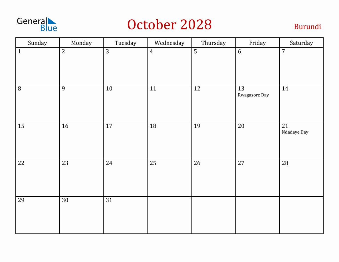 October 2028 Burundi Monthly Calendar with Holidays