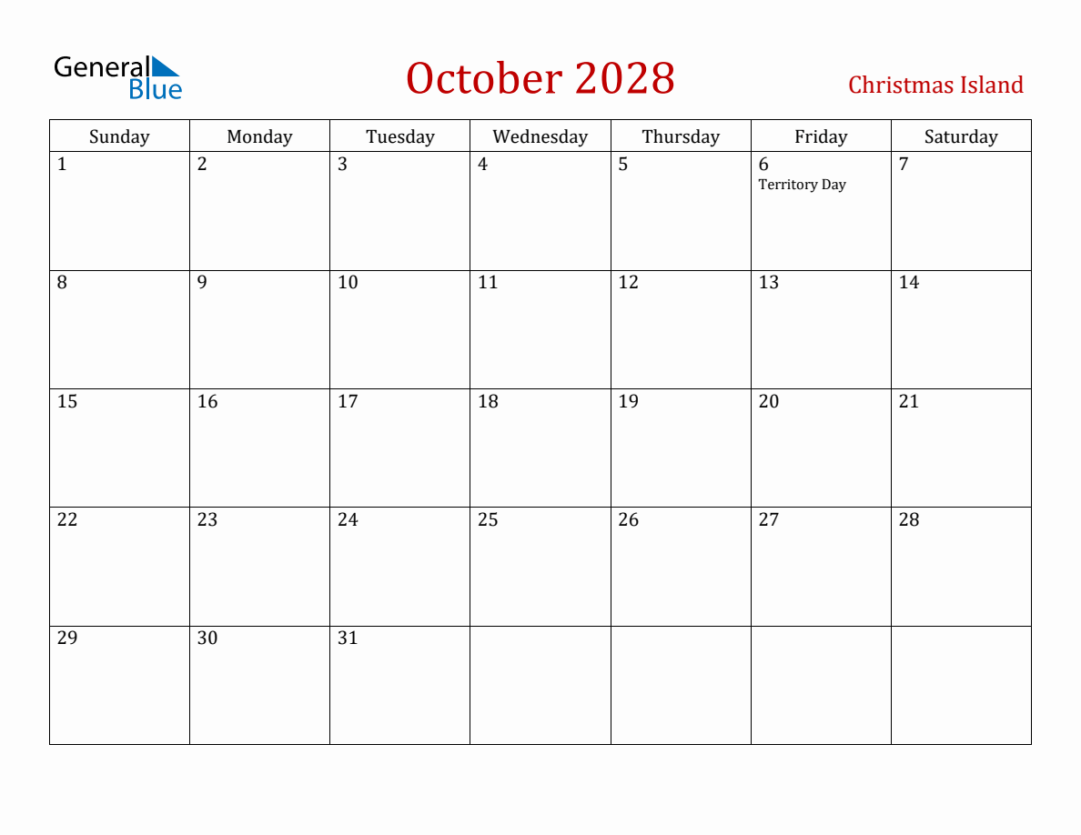 October 2028 Christmas Island Monthly Calendar with Holidays