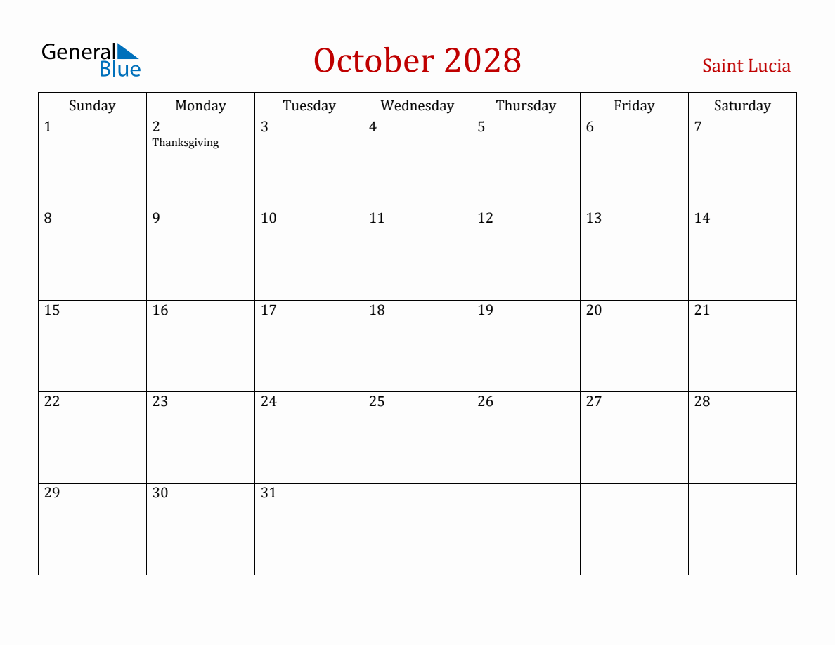 October 2028 Saint Lucia Monthly Calendar with Holidays