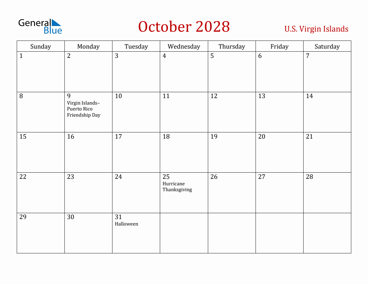 October 2028 U.S. Virgin Islands Monthly Calendar with Holidays