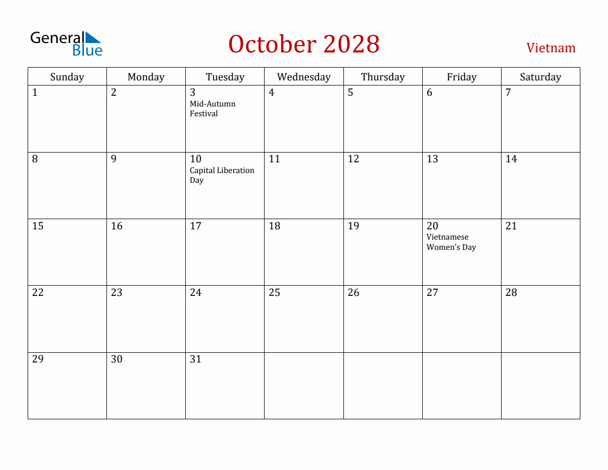 October 2028 Vietnam Monthly Calendar with Holidays