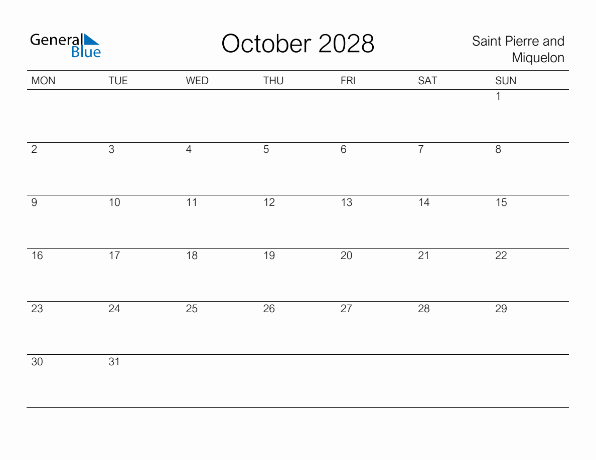 Printable October 2028 Monthly Calendar with Holidays for Saint Pierre ...