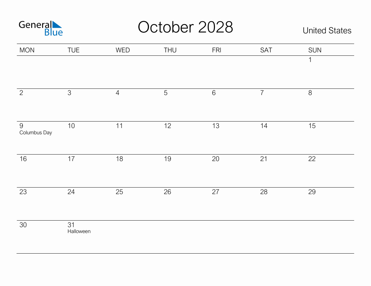 Printable October 2028 Monthly Calendar with Holidays for United States ...