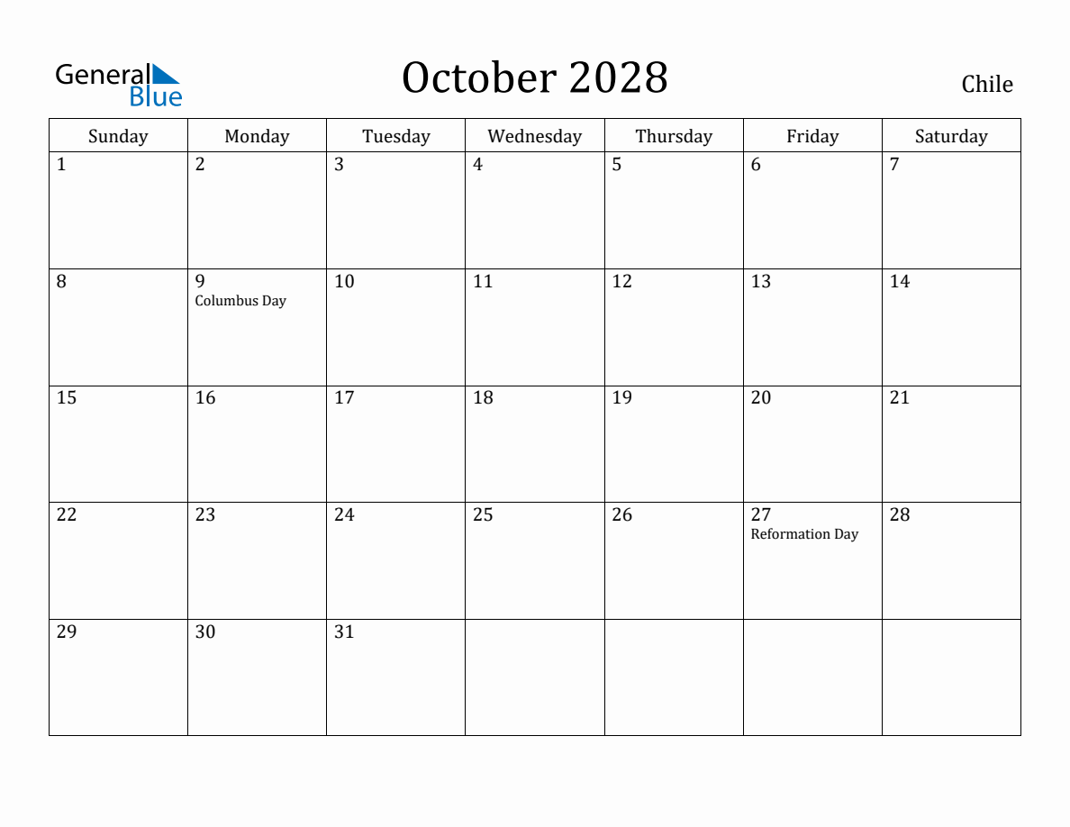 October 2028 Monthly Calendar with Chile Holidays