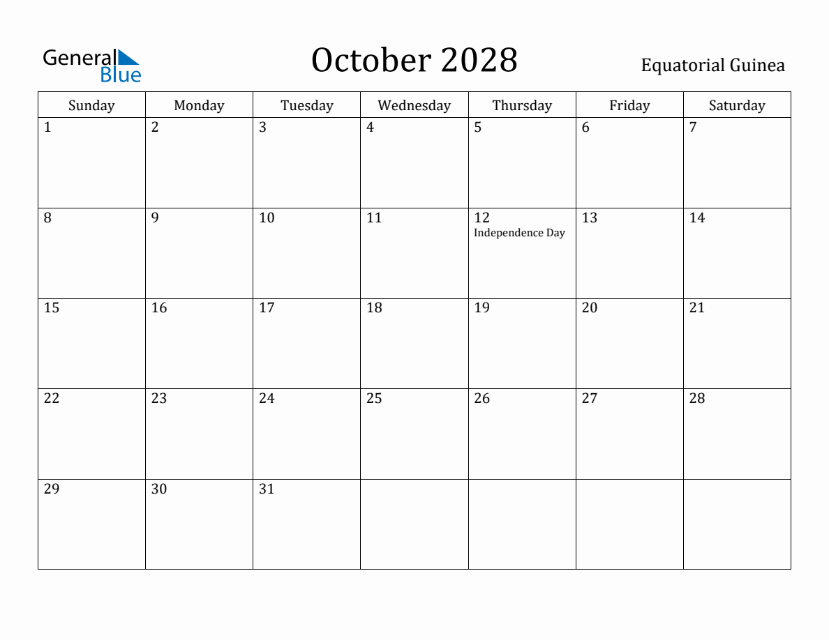October 2028 Monthly Calendar with Equatorial Guinea Holidays
