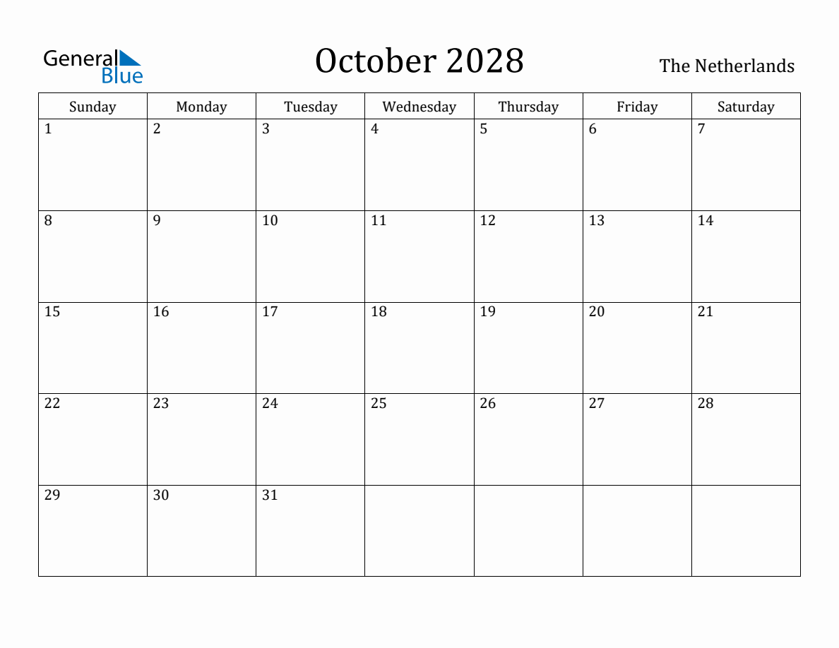 October 2028 Monthly Calendar with The Netherlands Holidays