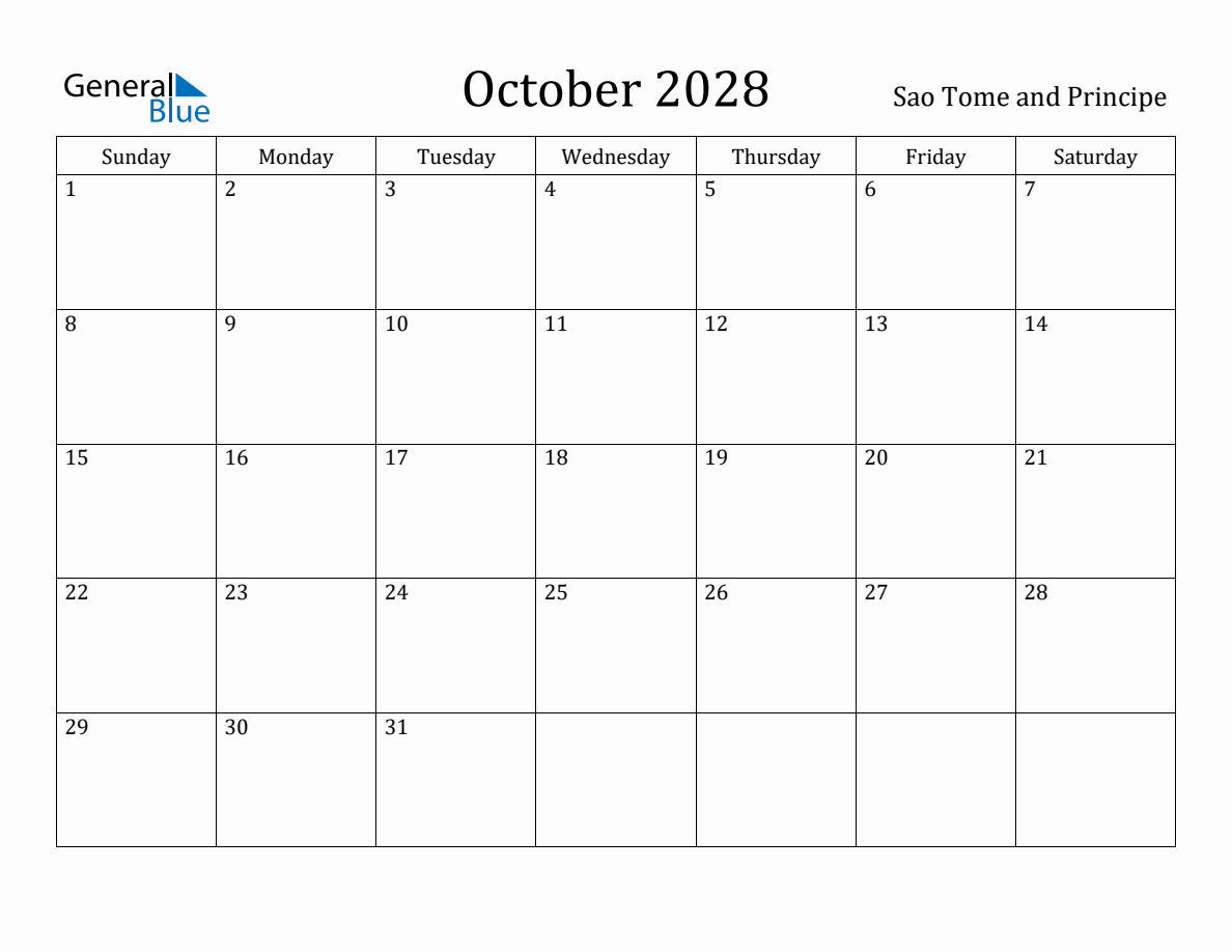 October 2028 Monthly Calendar with Sao Tome and Principe Holidays