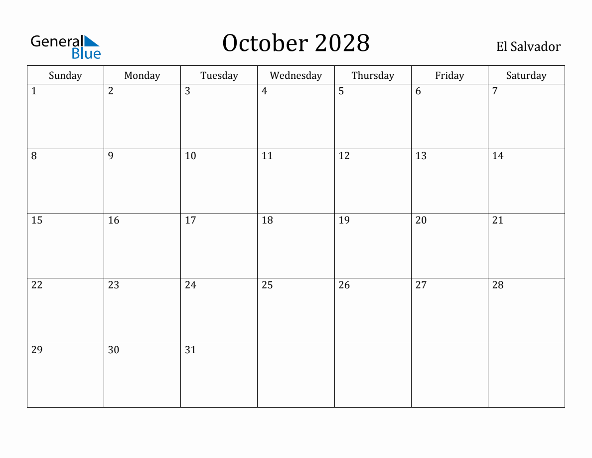 October 2028 Monthly Calendar with El Salvador Holidays