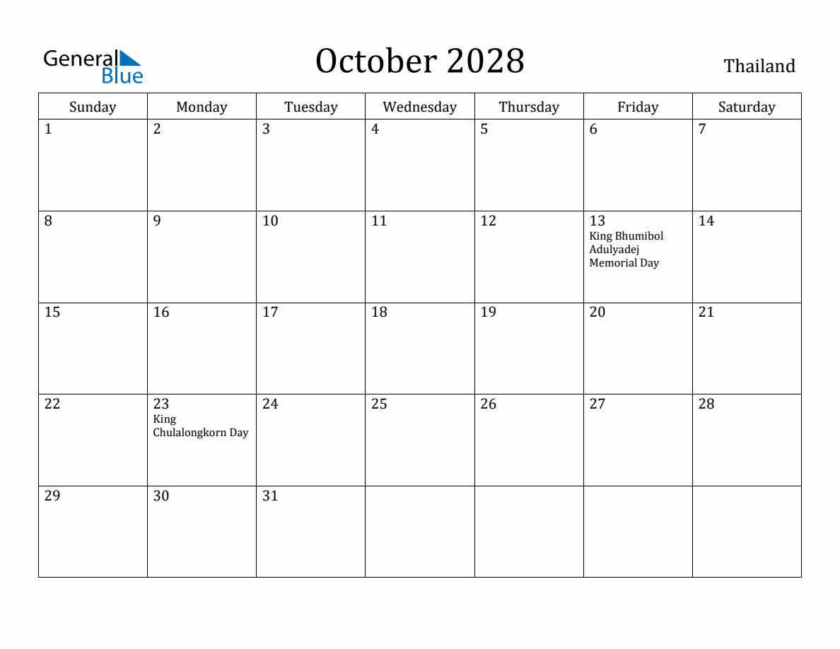 October 2028 Monthly Calendar with Thailand Holidays