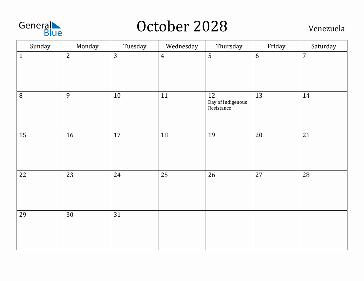 October 2028 Monthly Calendar with Venezuela Holidays