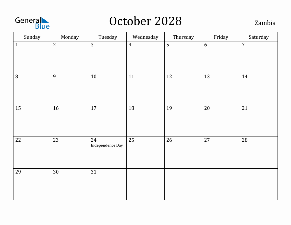 October 2028 Monthly Calendar with Zambia Holidays