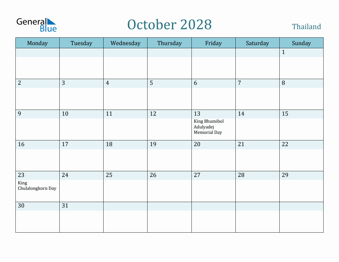 Thailand Holiday Calendar for October 2028 (Monday Start)