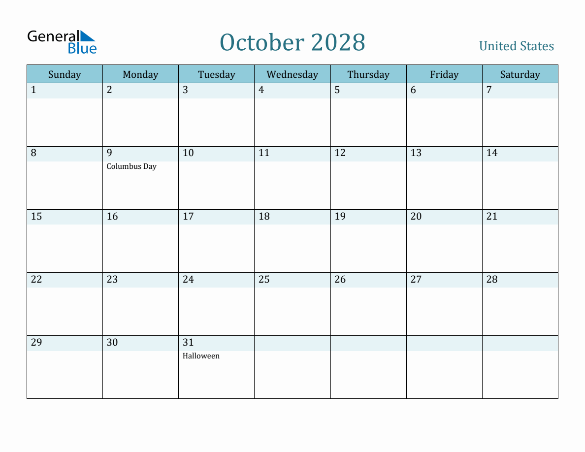 United States Holiday Calendar for October 2028