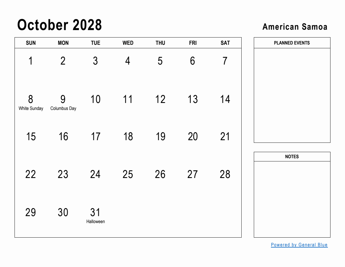 October 2028 Planner with American Samoa Holidays