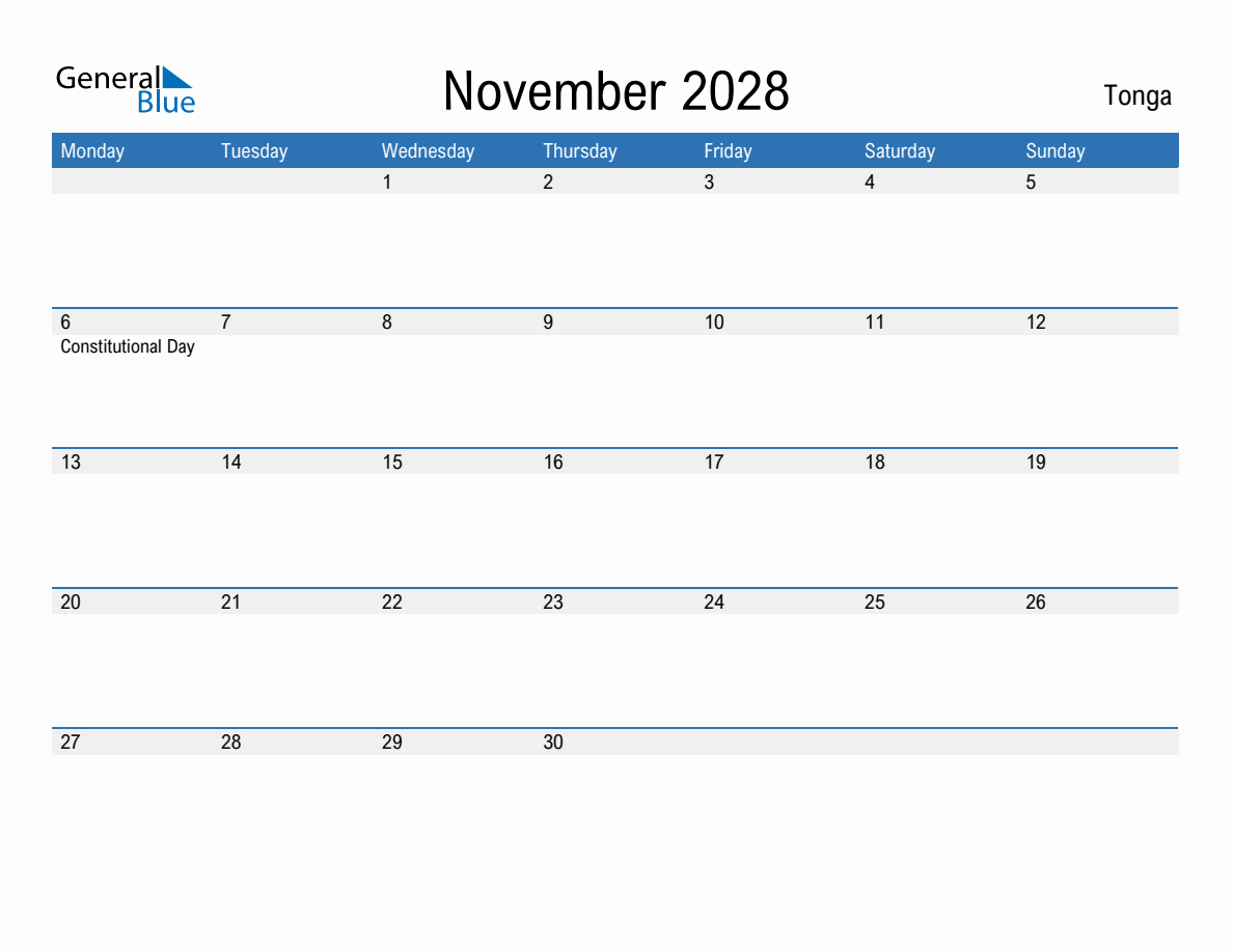 Editable November 2028 Calendar with Tonga Holidays (Monday Start)