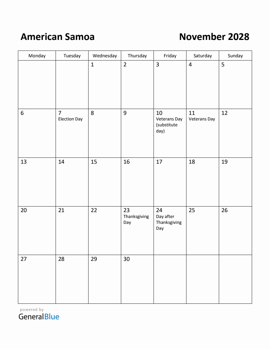 Free Printable November 2028 Calendar for American Samoa (Monday Start)