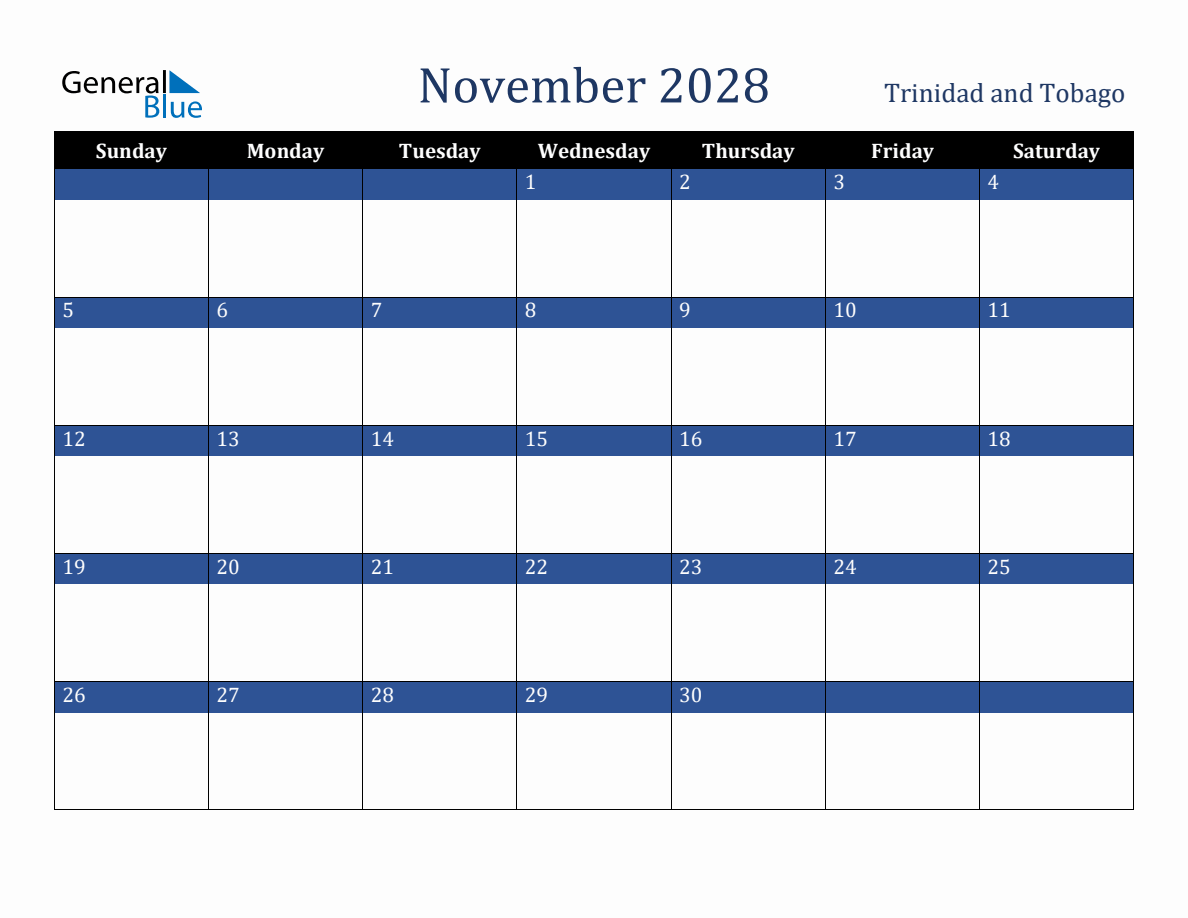November 2028 Trinidad and Tobago Holiday Calendar