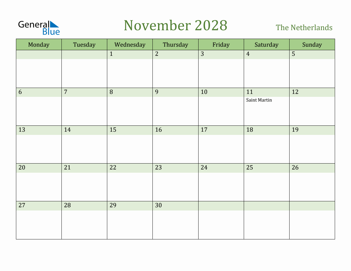 Fillable Holiday Calendar for The Netherlands - November 2028