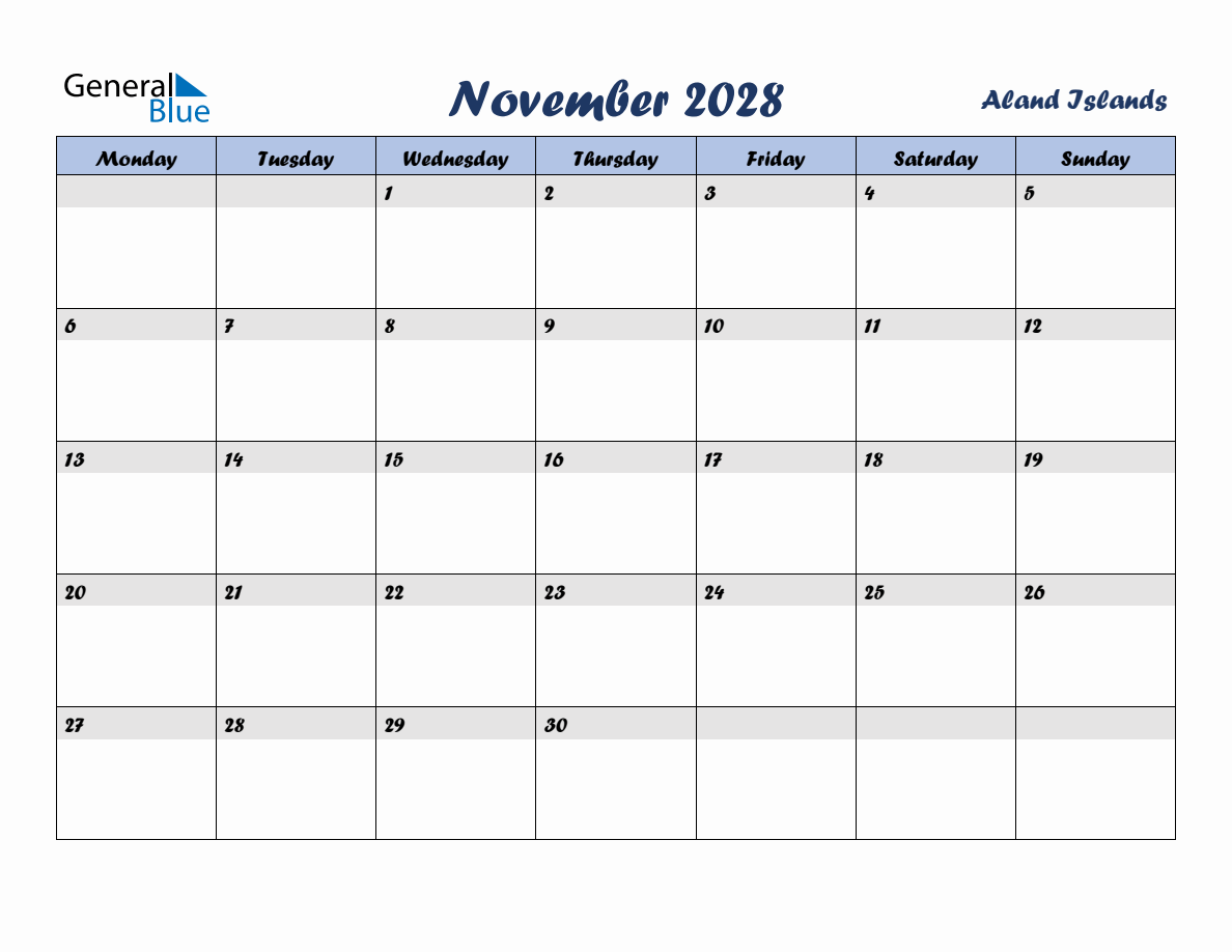 November 2028 Monthly Calendar Template with Holidays for Aland Islands ...