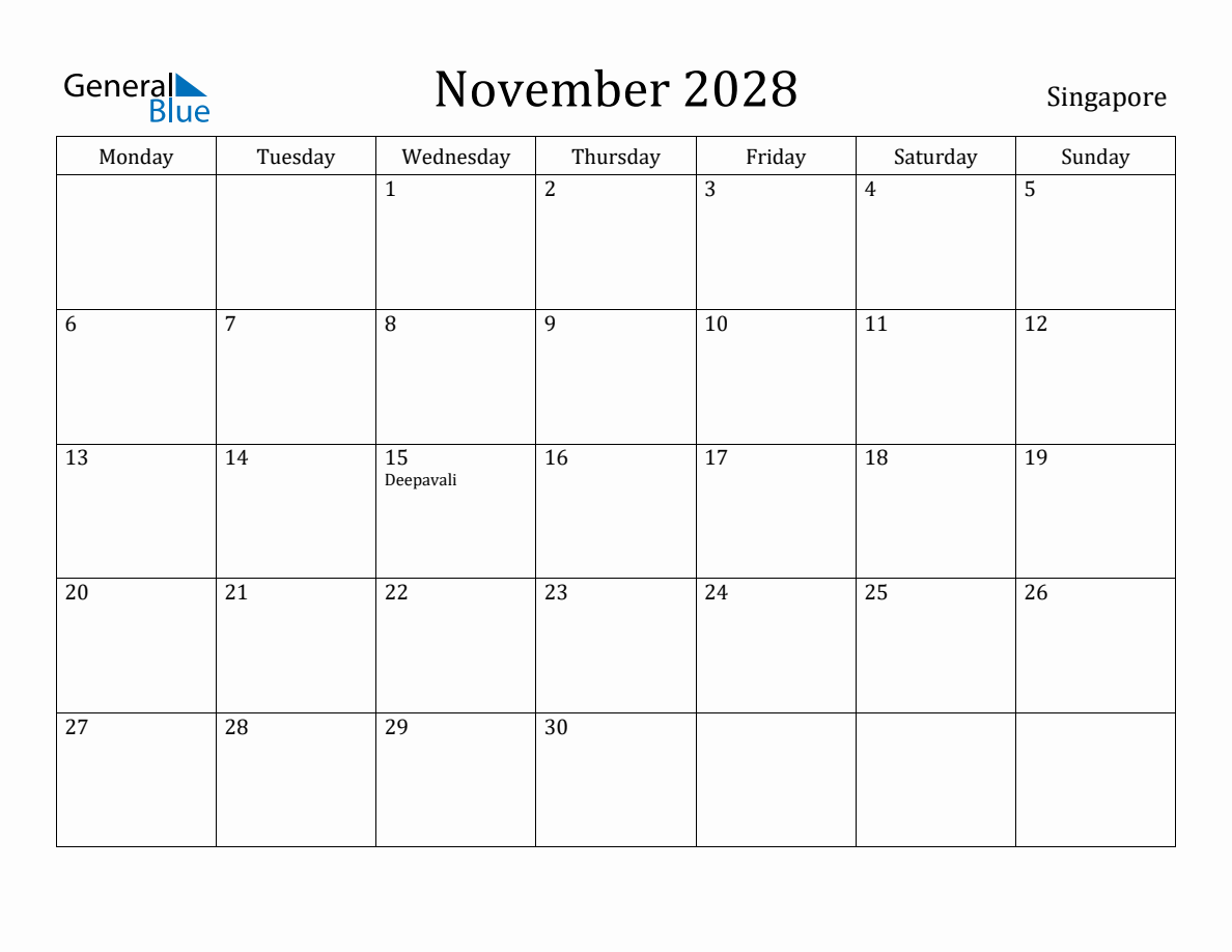 November 2028 Monthly Calendar with Singapore Holidays