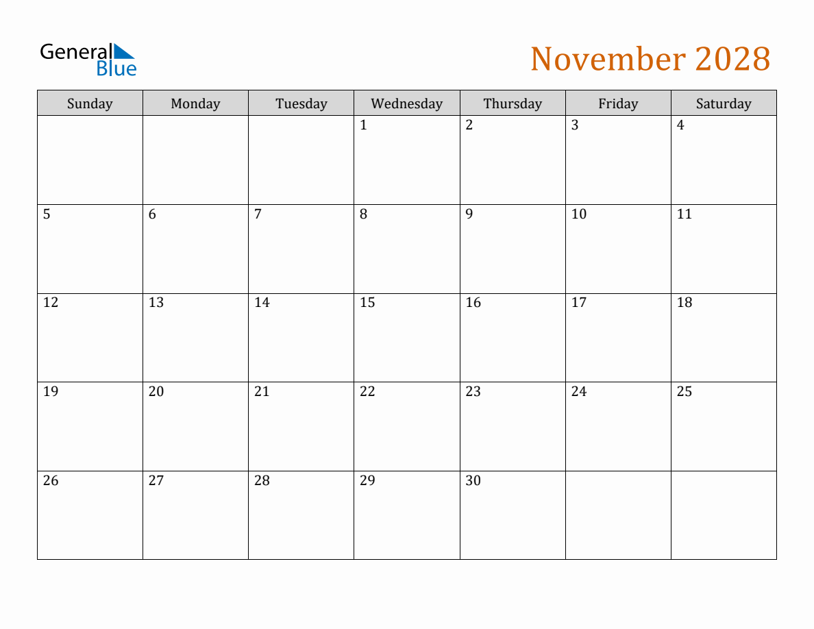 November 2028 Generic Monthly Calendar