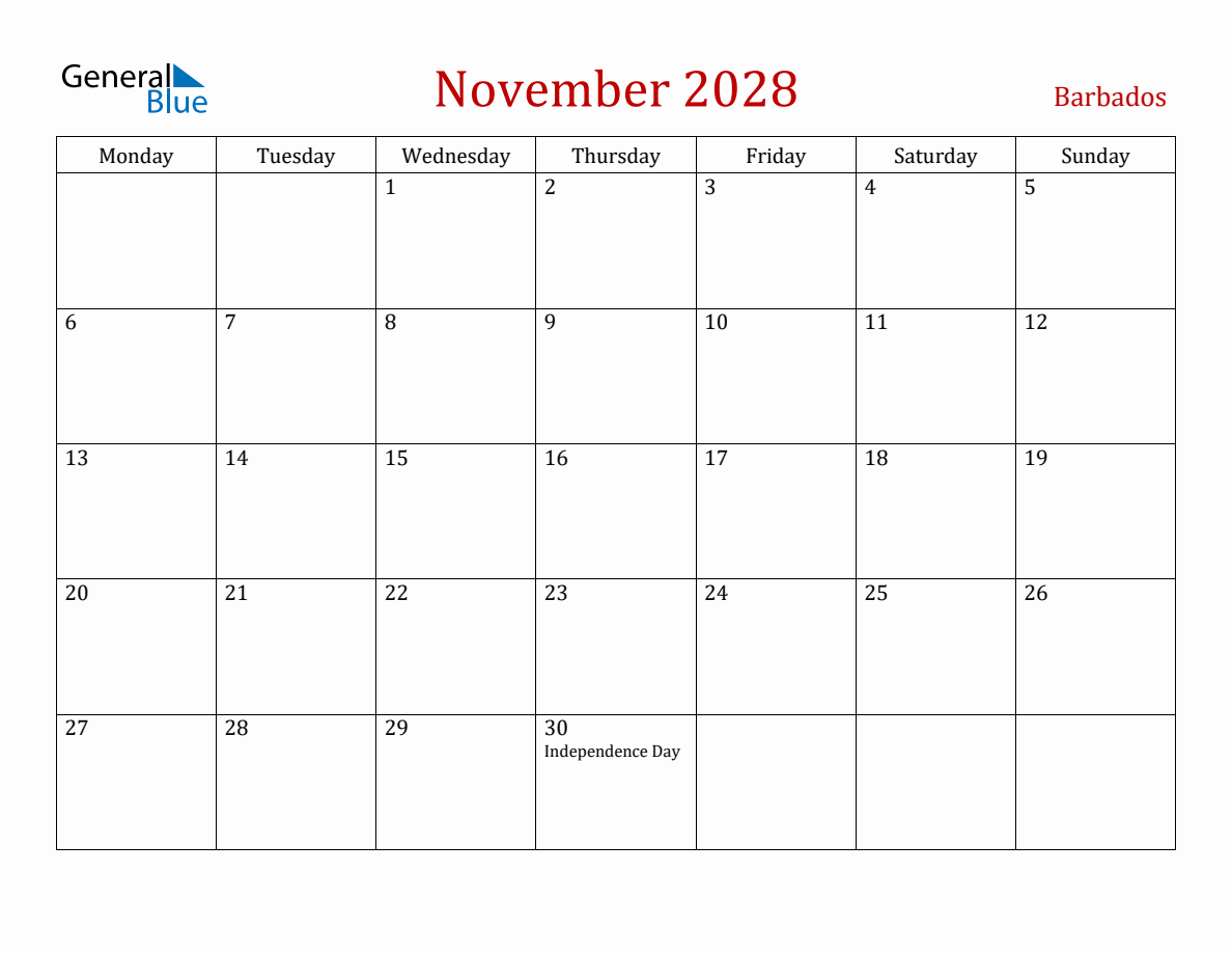 November 2028 Barbados Monthly Calendar with Holidays