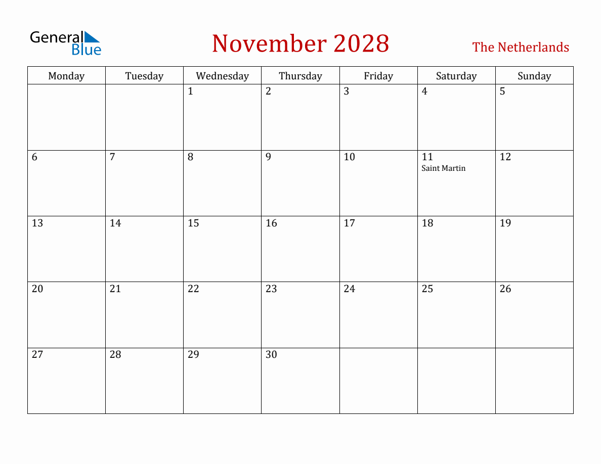 November 2028 The Netherlands Monthly Calendar with Holidays