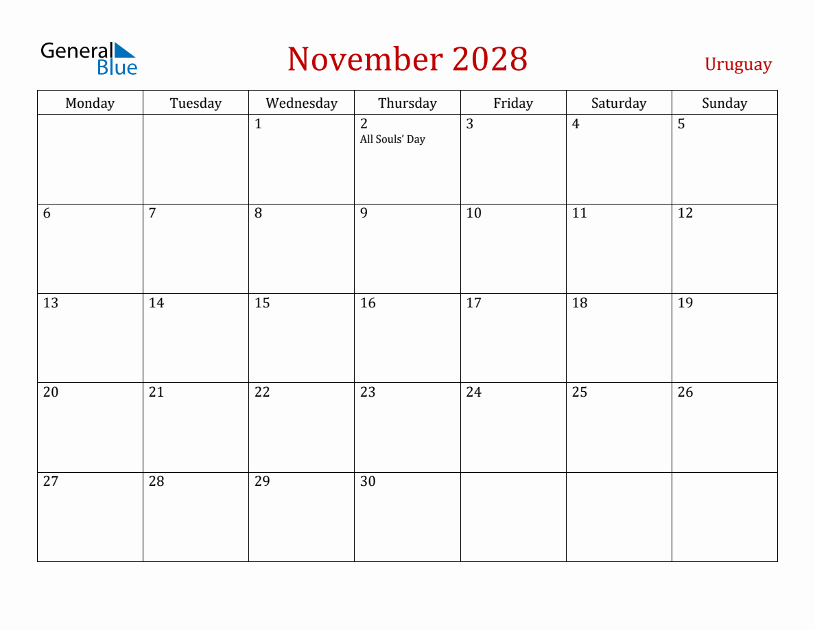 November 2028 Uruguay Monthly Calendar with Holidays (Monday Start)