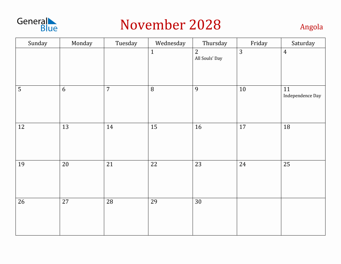 November 2028 Angola Monthly Calendar with Holidays