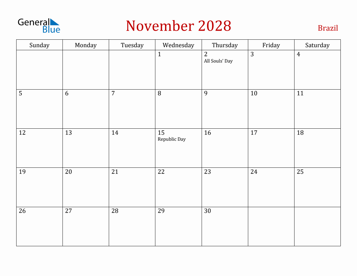 November 2028 Brazil Monthly Calendar with Holidays