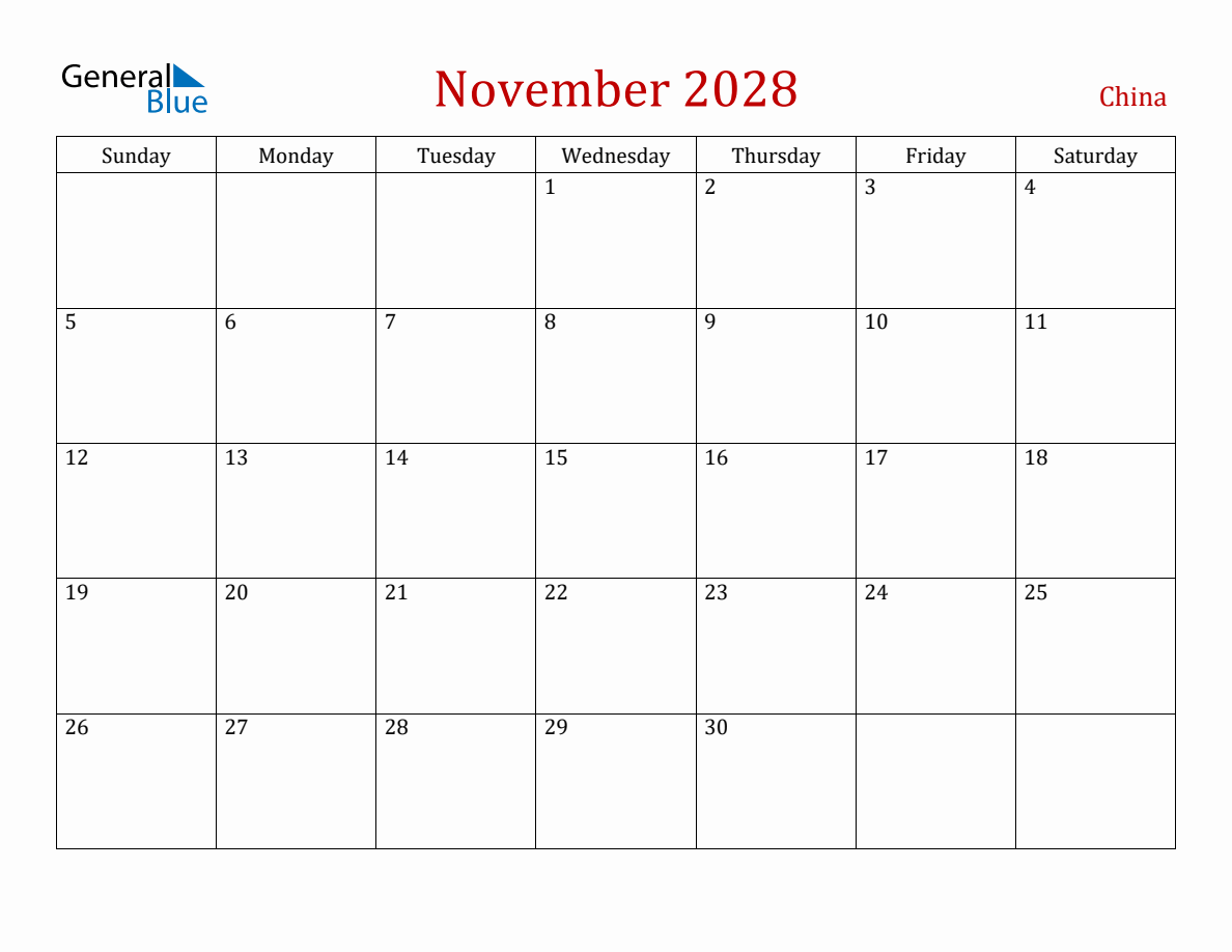 November 2028 China Monthly Calendar with Holidays