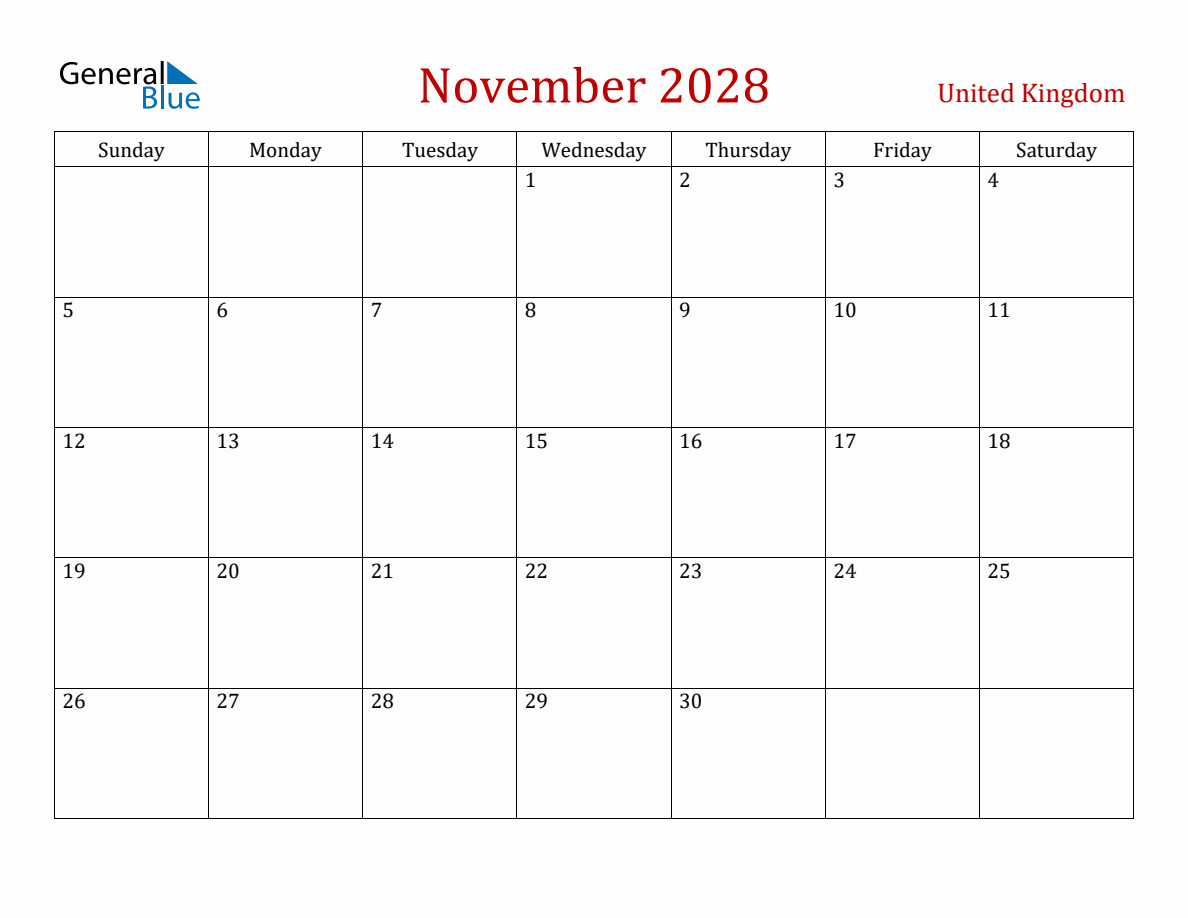 November 2028 United Kingdom Monthly Calendar with Holidays