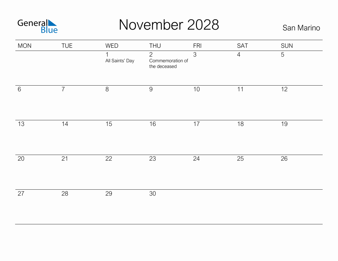 Printable November 2028 Monthly Calendar with Holidays for San Marino