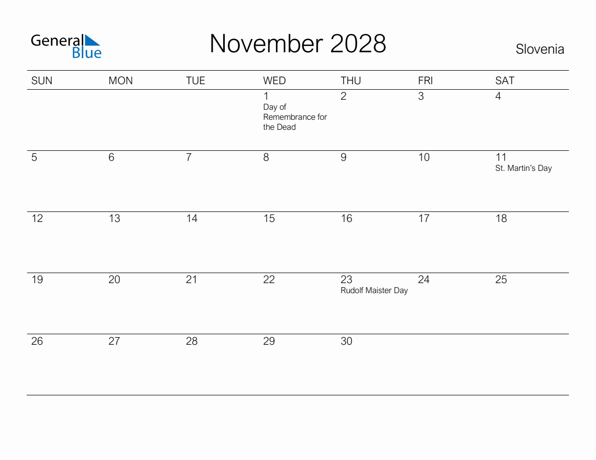 Printable November 2028 Monthly Calendar with Holidays for Slovenia